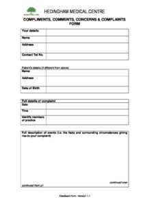 Complaint Feedback Form 2020 – Hedingham Medical Centre